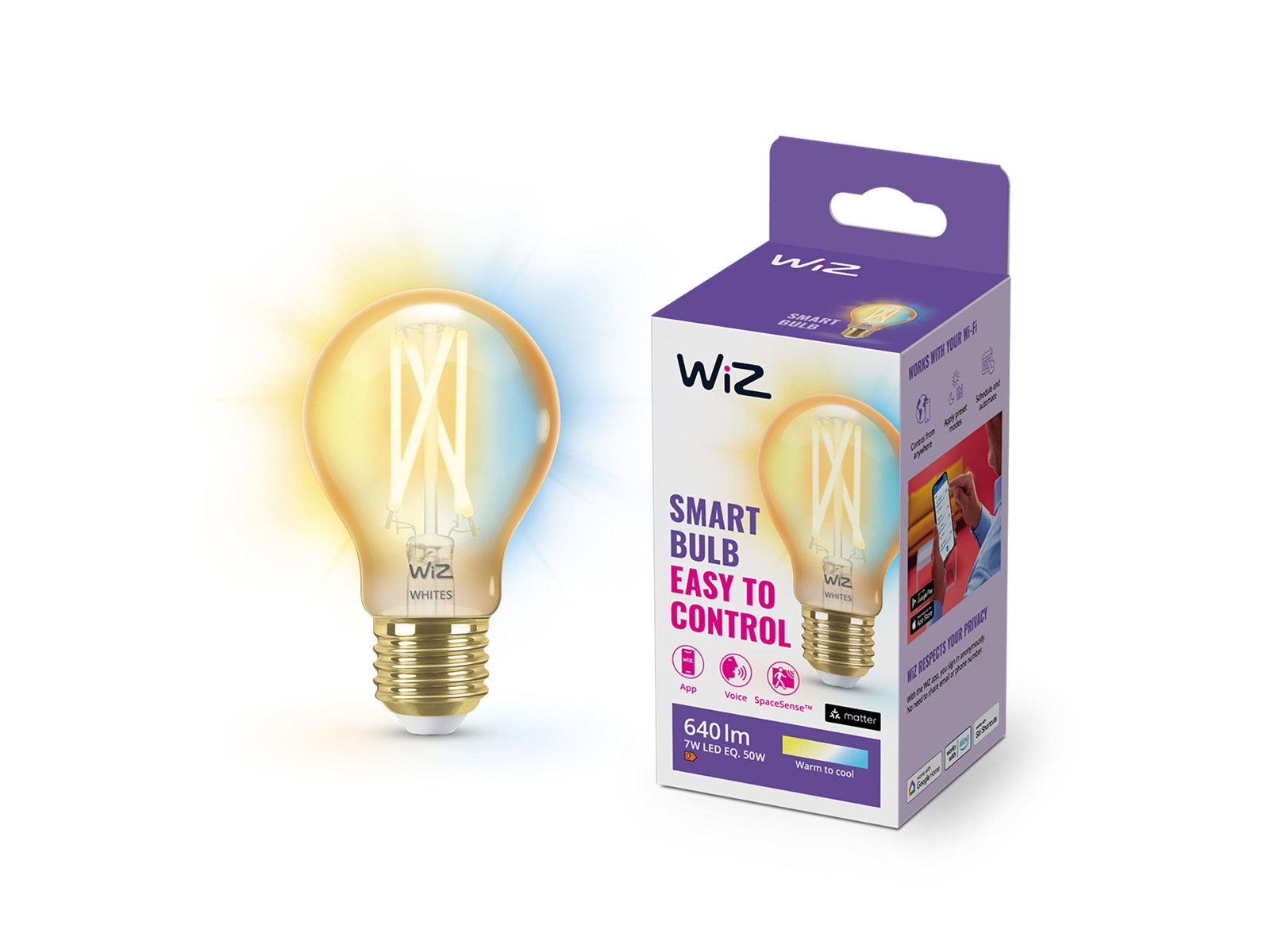 WiZ Tunable A60 E27 Amber Smart Filament Bulb - Dimmable warm-to-cold ...
